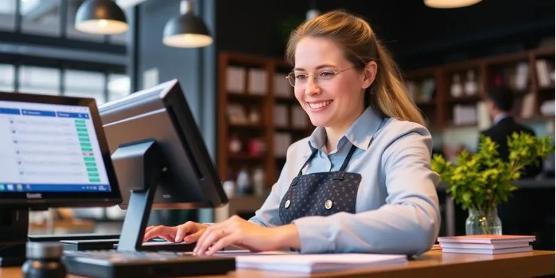 A hotel staff employee running POS system